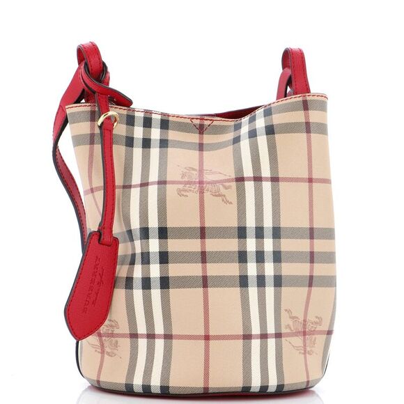 Burberry | Bags | Burberry Lorne Bucket Bag Haymarket Coated Canvas Small Brown | Poshmark